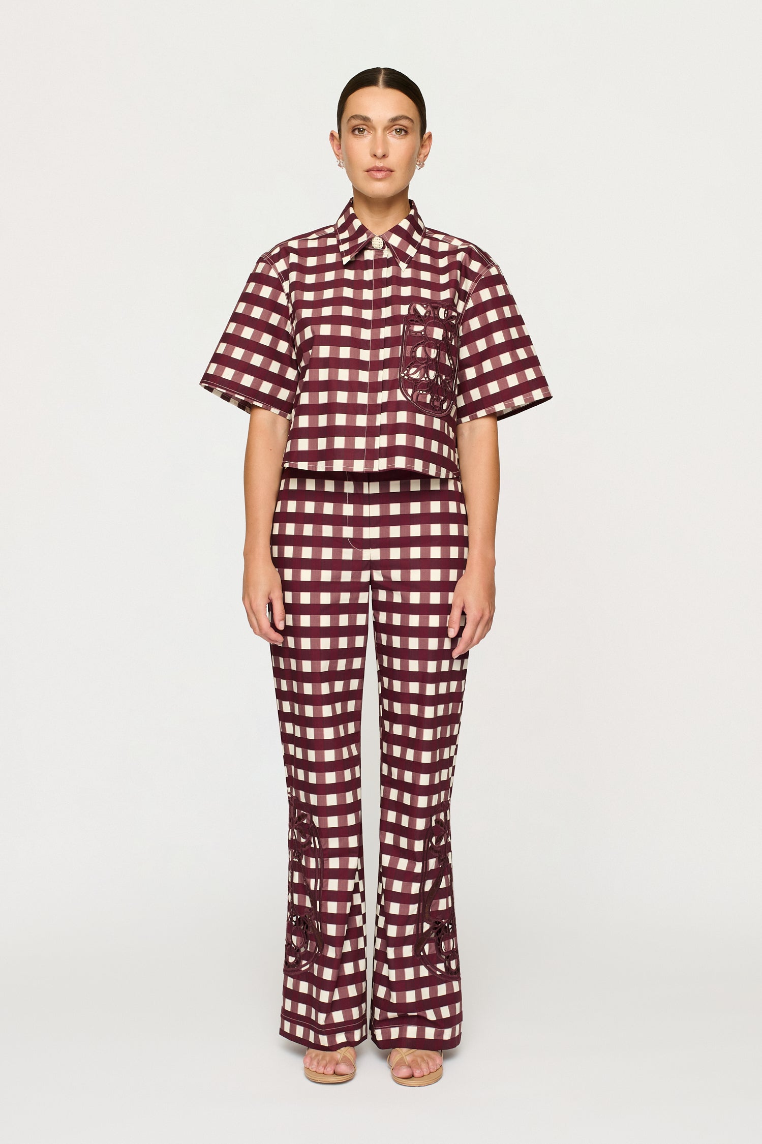 ROMA EMBROIDERED TROUSER | WINE PICNIC PRINT | COTTON | CLEA GALERIE